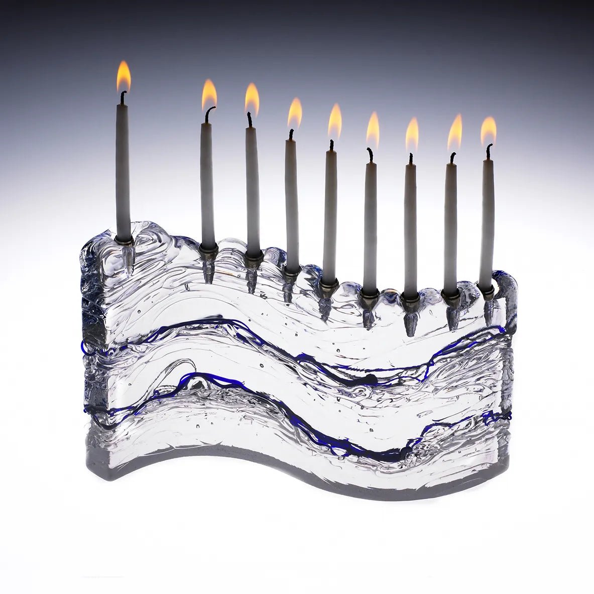 Clear and Cobalt Blue Glass "S" Shaped Menorah - The Weitzman Museum Store